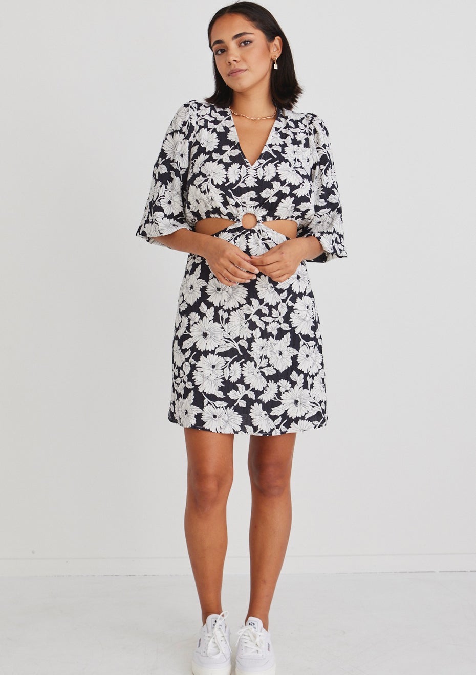 Flo & Frankie - Roller Floral Silhouette Long Sleeve Cut Out Mini Dress ...