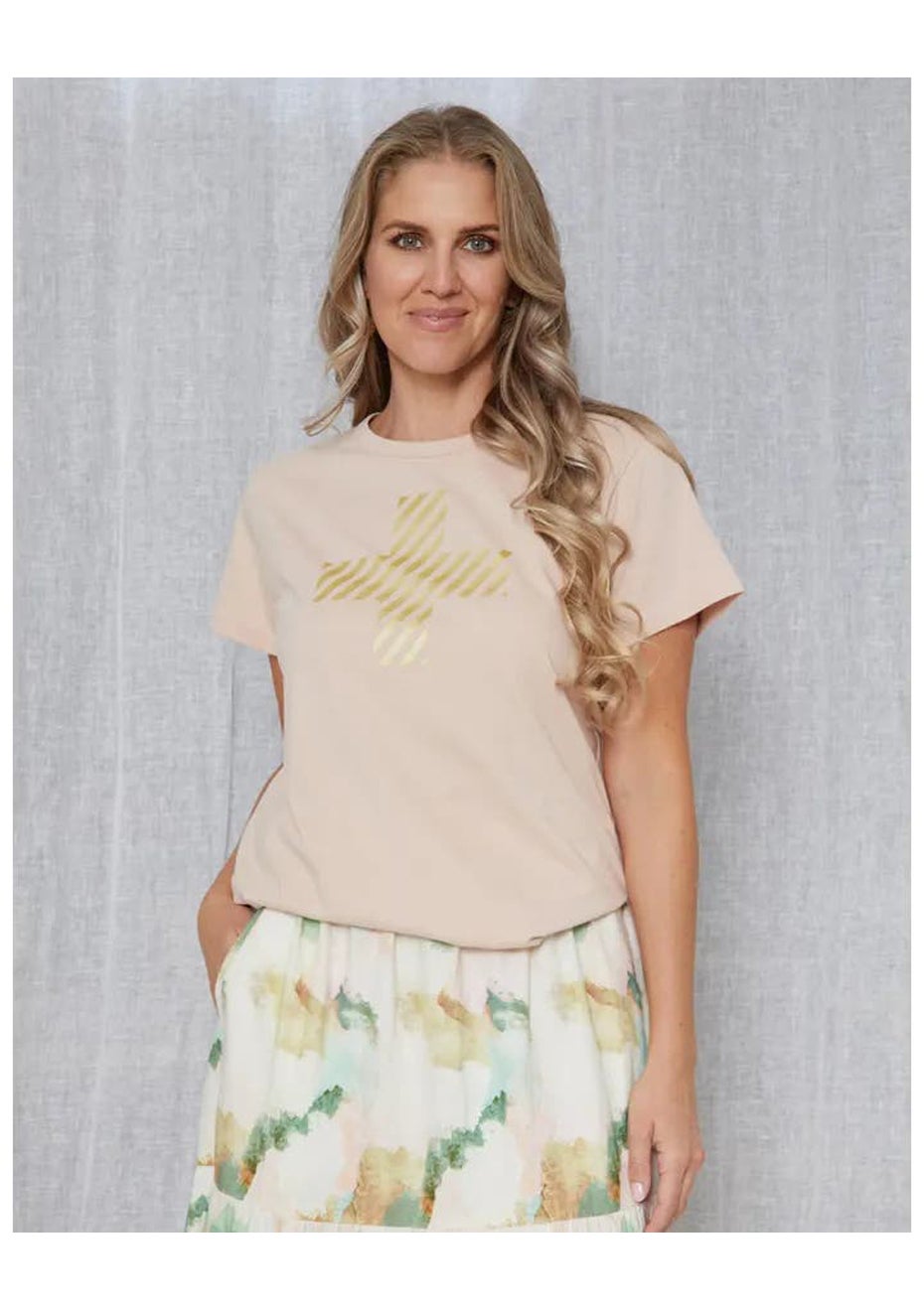 Stella + Gemma - T-Shirt Blush Gold Stripe Cross - Onceit